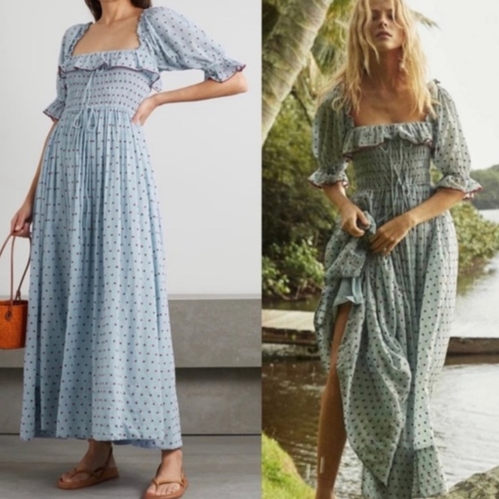 Doen Sol Blue Red Pol Ka Dot Ruffle Maxi Dress - Gem